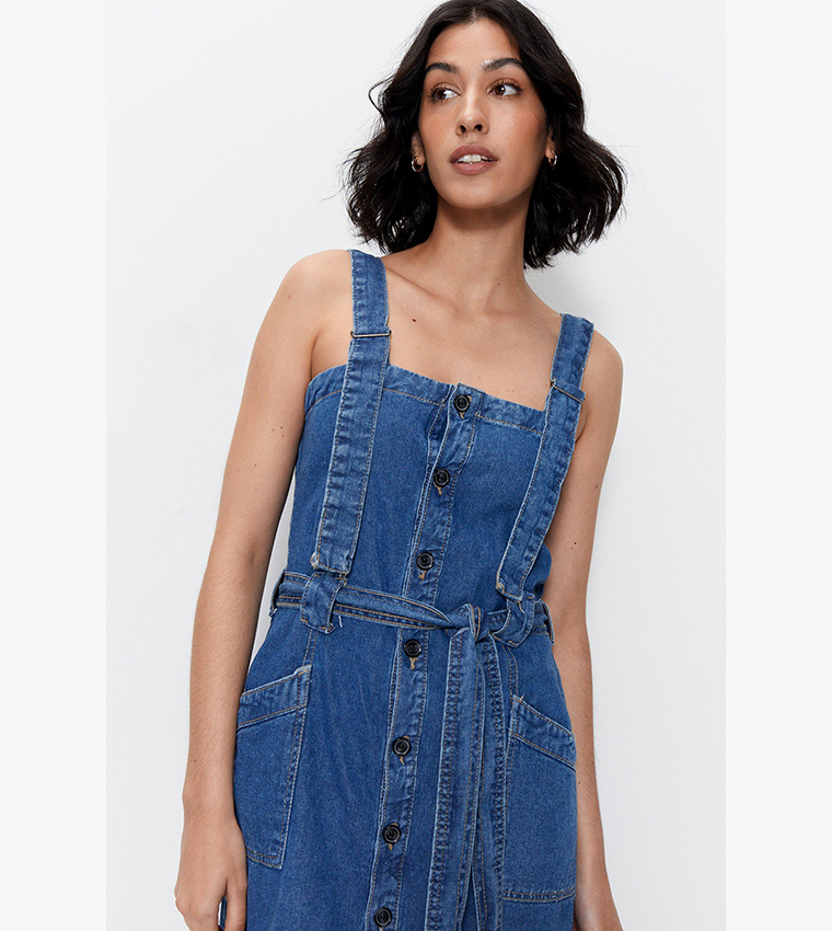 Buy Warehouse Denim Button Front Pinny Dress In Blue | 6thStreet Saudi ...