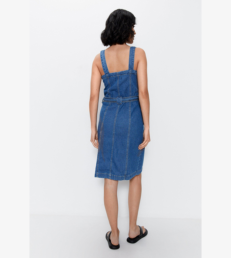 Buy Warehouse Denim Button Front Pinny Dress In Blue | 6thStreet Saudi ...