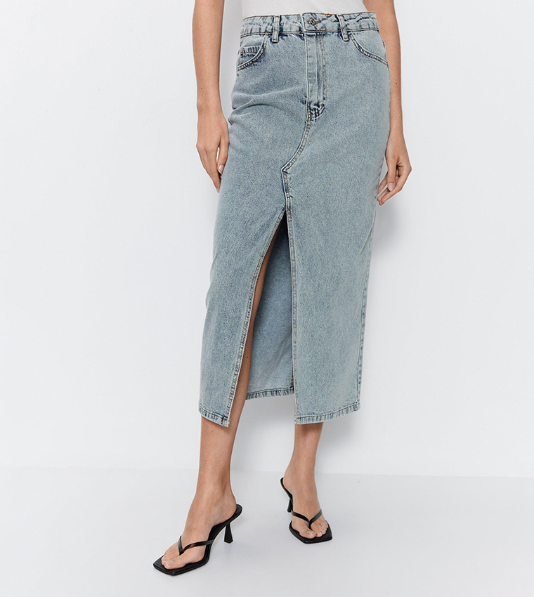 Buy Warehouse Front Split Denim Midi Skirt In Blue | 6thStreet UAE