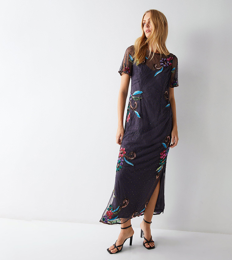 Buy Warehouse Embellished Dobby Mesh Midi Dress In Grey | 6thStreet Bahrain