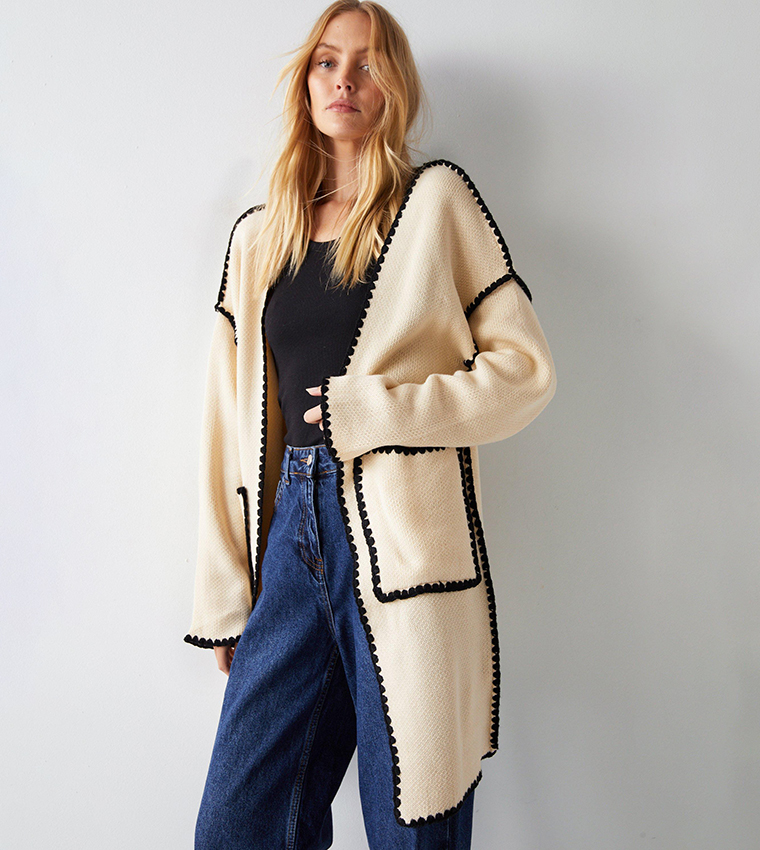 Buy Warehouse Contrast Stitch Cardigan In Ecru | 6thStreet UAE