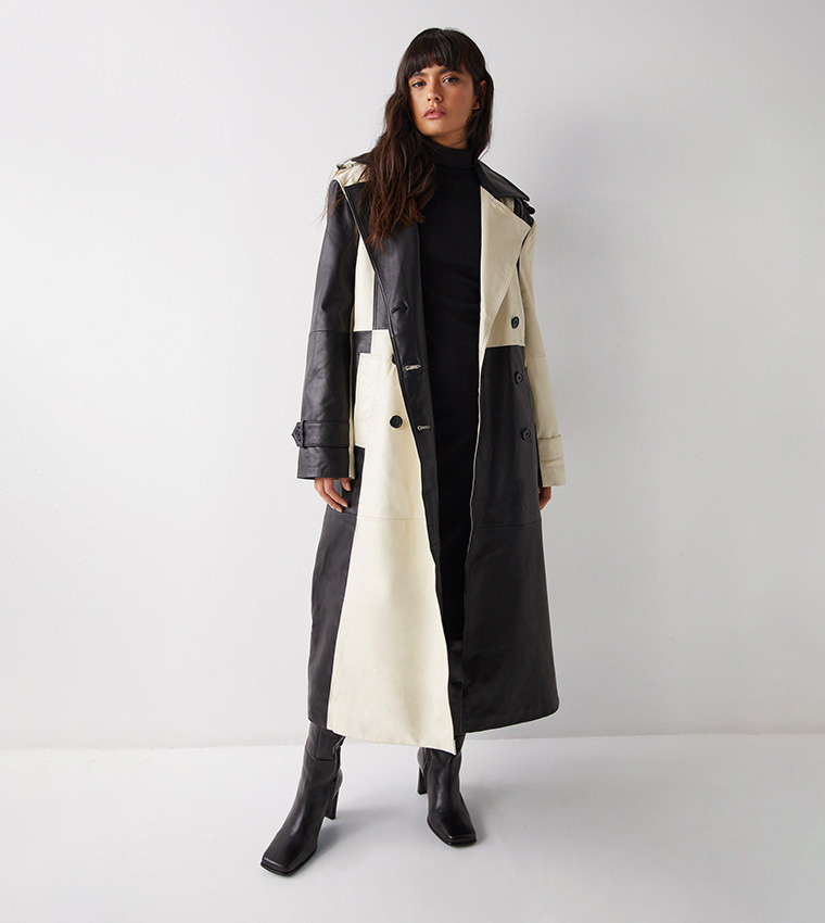 Buy Warehouse Premium Leather Color Block Trench Coat In Multiple ...