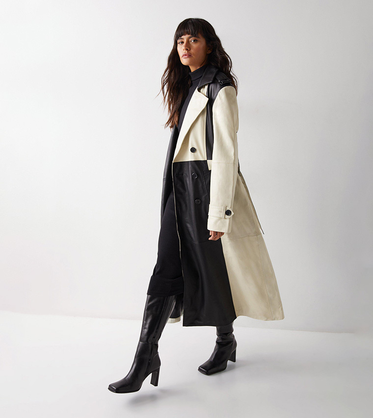 Buy Warehouse Premium Leather Color Block Trench Coat In Multiple ...