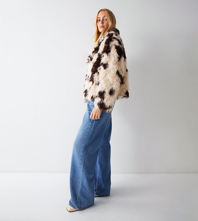 Buy Warehouse Premium Curly Cow Print Short Fur Coat In NEUTRAL ...
