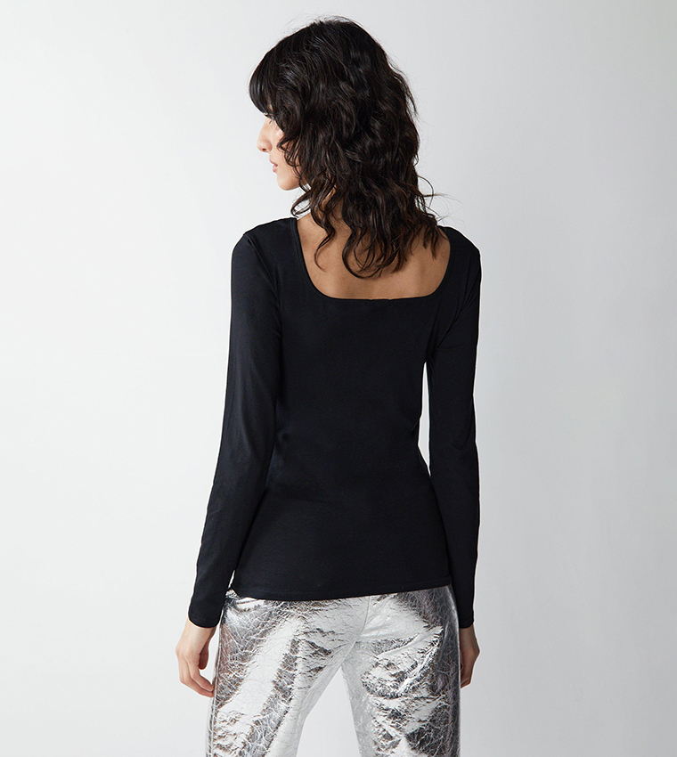 Buy Warehouse Premium Soft Touch Square Neck Long Sleeves Top In Black ...