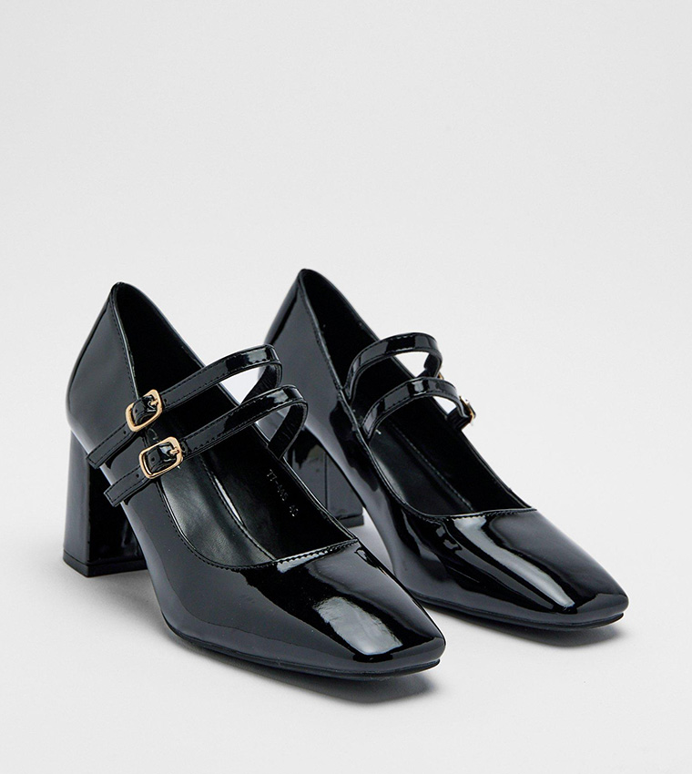 Buy Warehouse Patent Double Strap Pumps In Black | 6thStreet Kuwait