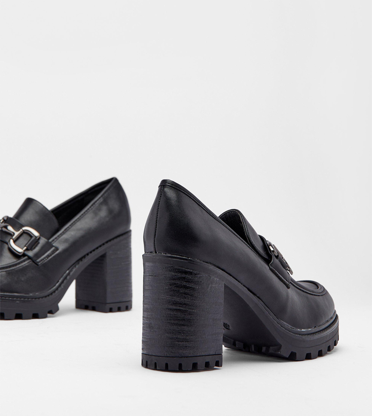 Buy Warehouse Faux Leather Block Heel Loafers In Black | 6thStreet Qatar
