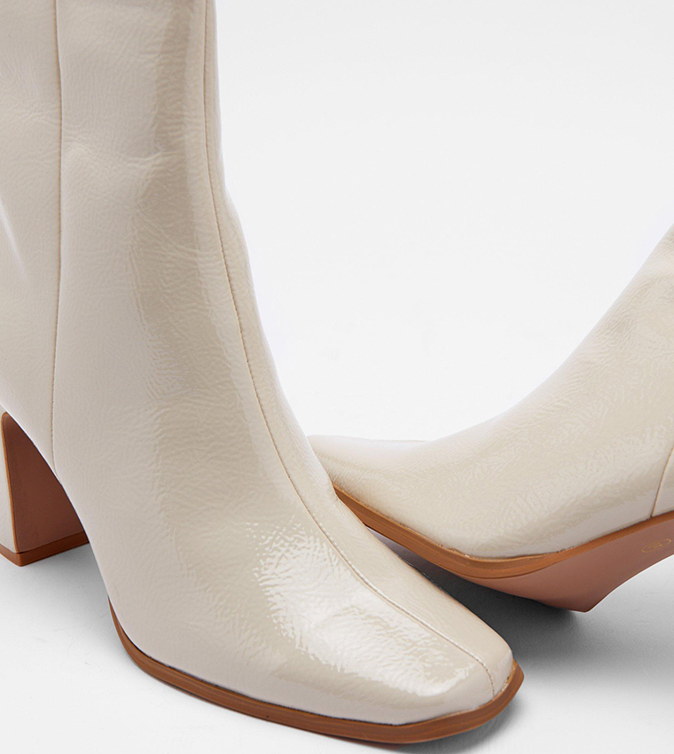 Buy Warehouse Square Toe Patent Block Heel Ankle Boots In Beige ...