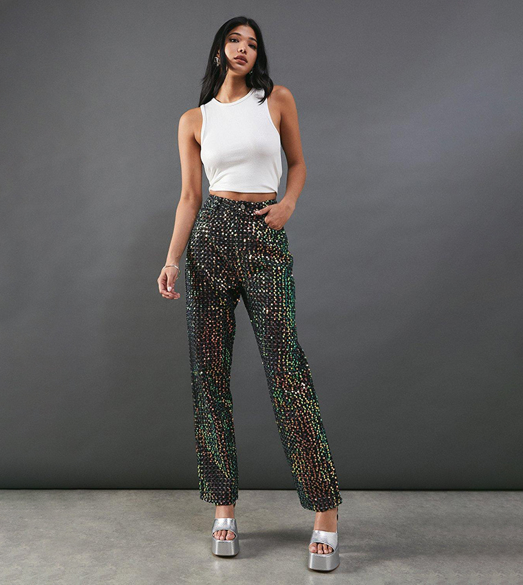 Buy Warehouse Sequined Straight Fit Jeans In Black | 6thStreet UAE