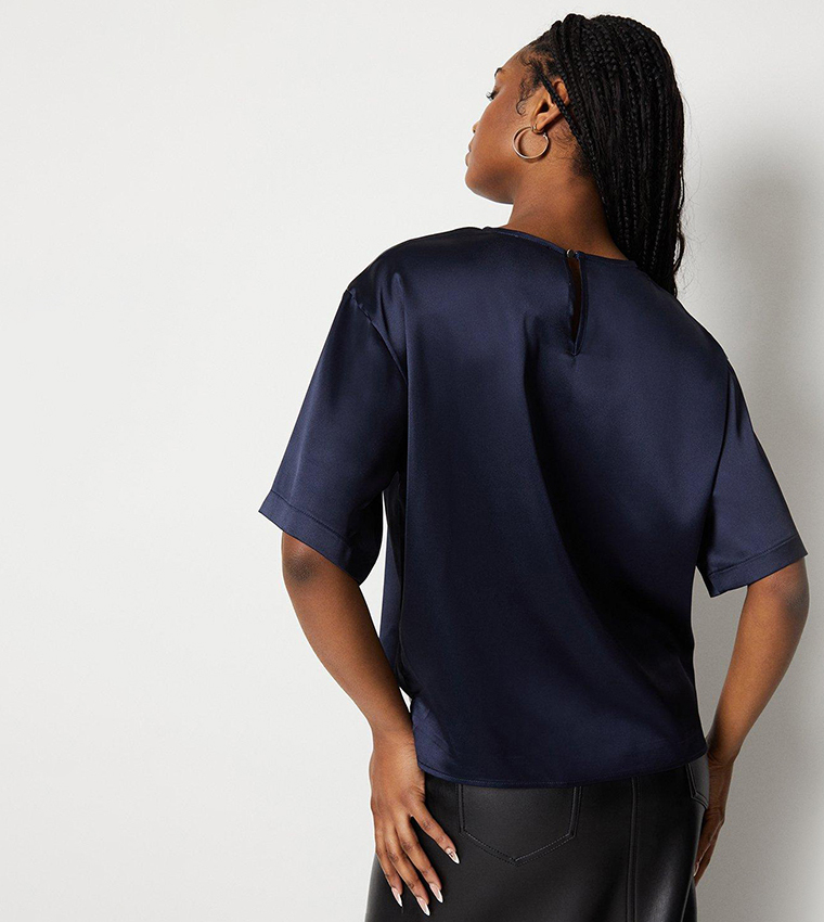 Buy Warehouse Boxy Fit Satin Crepe Top In Navy | 6thStreet Saudi Arabia