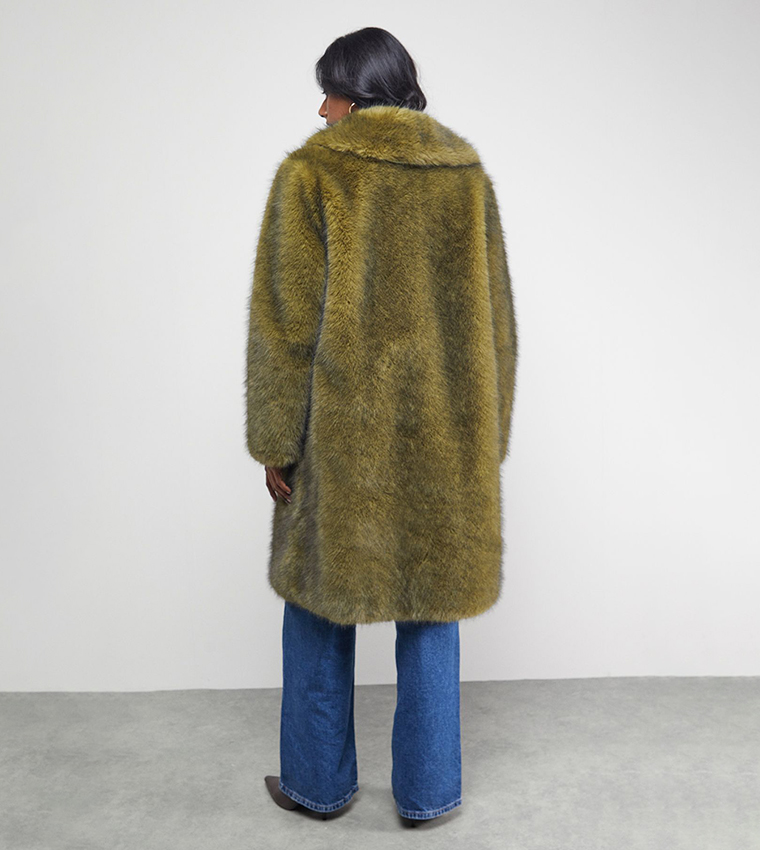Buy Warehouse Two Tone Luxe Faux Fur Coat In Green | 6thStreet UAE
