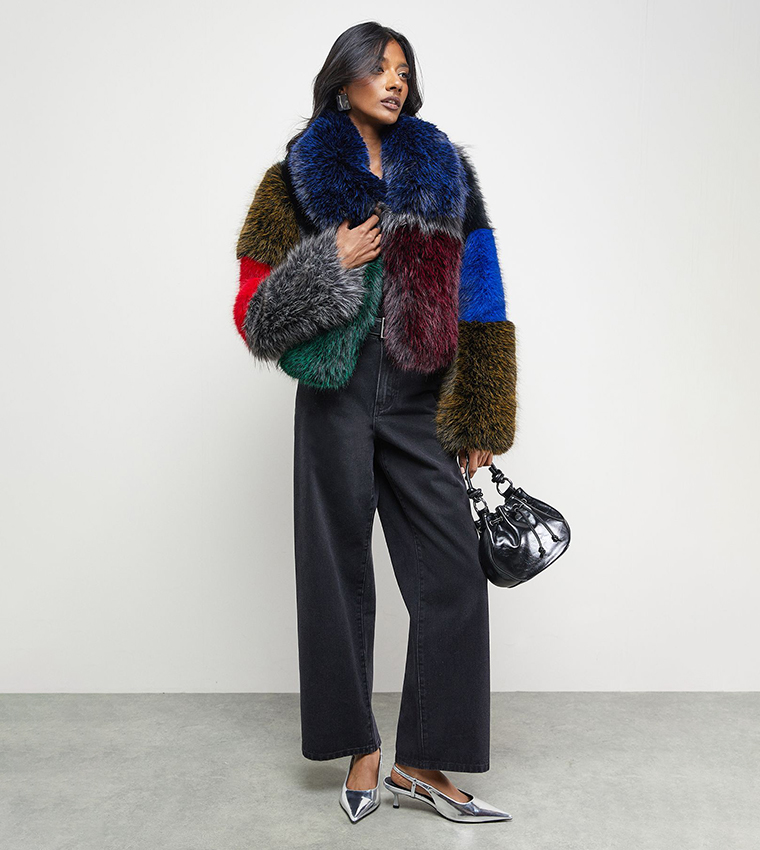 Buy Oasis Color Block Panelled Faux Fur Coat In Multiple Colors ...
