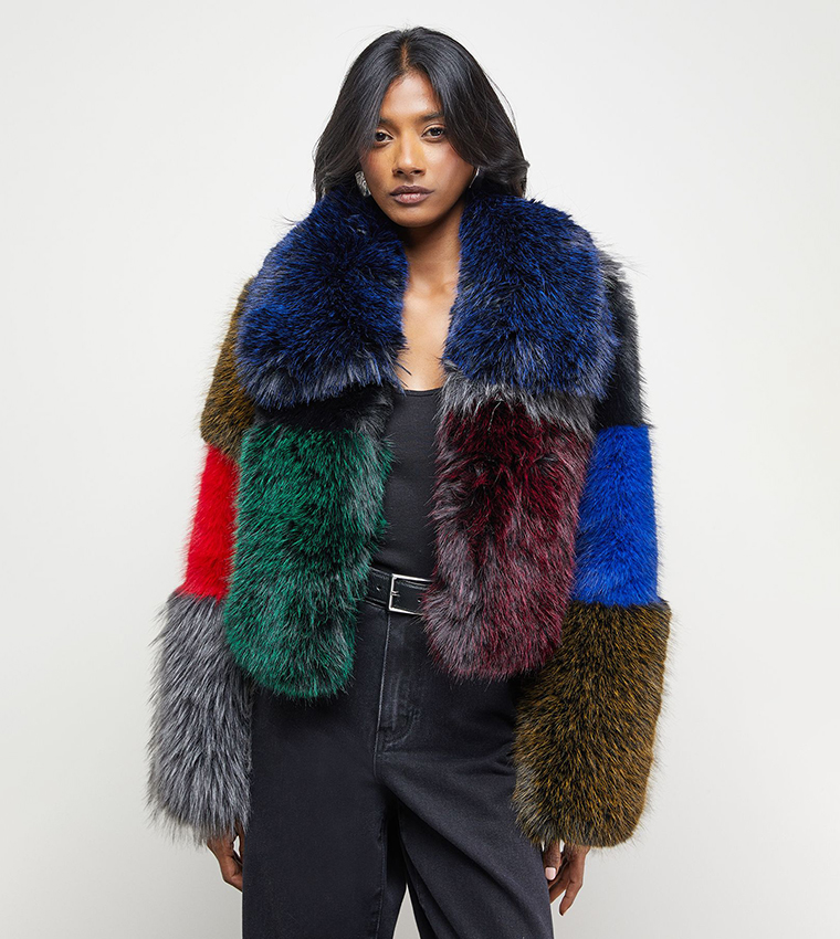 Buy Oasis Color Block Panelled Faux Fur Coat In Multiple Colors ...