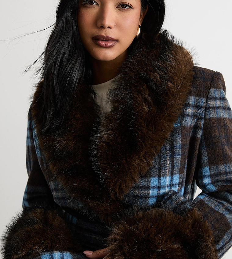 Buy Oasis Fur Collared Check Belted Coat In Multiple Colors | 6thStreet ...