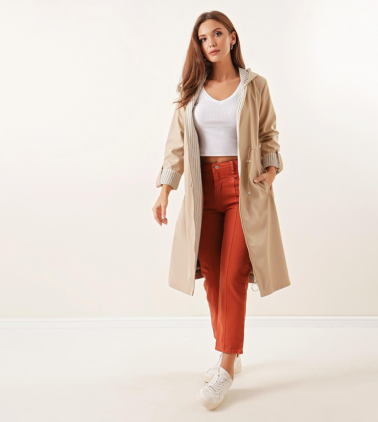 Buy By Saygı Folded Sleeves Pleated Hooded Trench Coat In Beige ...