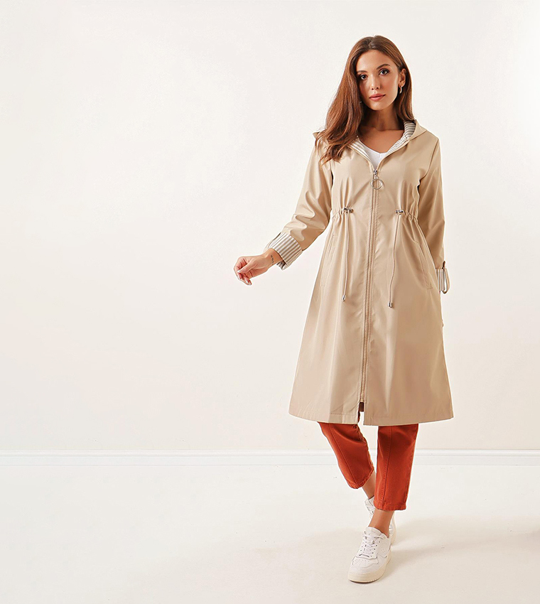 Buy By Saygı Folded Sleeves Pleated Hooded Trench Coat In Beige ...
