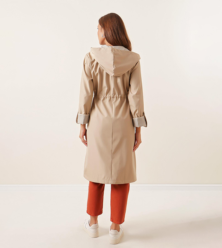 Buy By Saygı Folded Sleeves Pleated Hooded Trench Coat In Beige ...