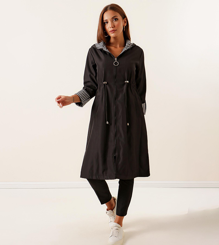 Buy By Saygı Folded Sleeves Pleated Hooded Trench Coat In Black ...