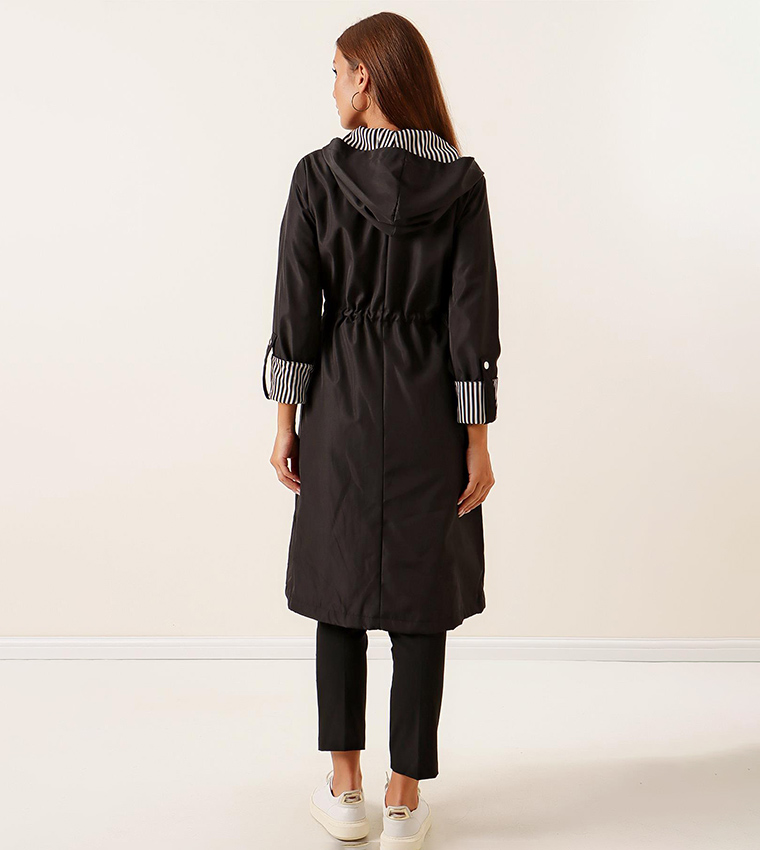 Buy By Saygı Folded Sleeves Pleated Hooded Trench Coat In Black ...