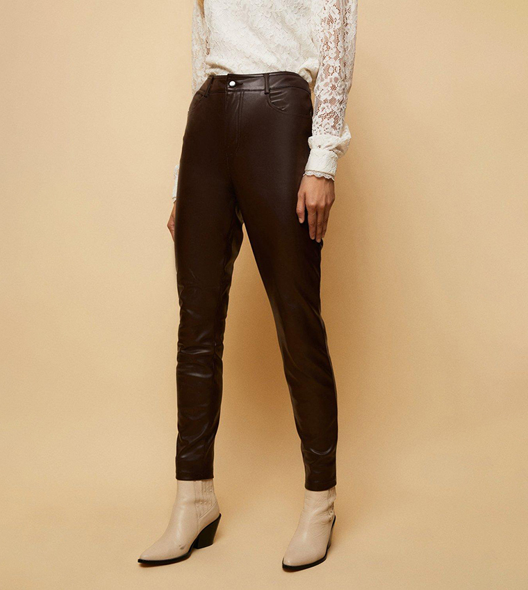 Buy Wallis Button Closure Faux Leather Pants In CHOCOLATE | 6thStreet UAE