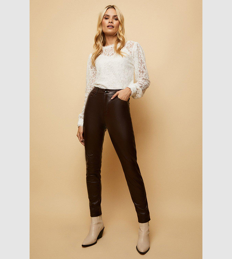 Buy Wallis Button Closure Faux Leather Pants In CHOCOLATE | 6thStreet UAE