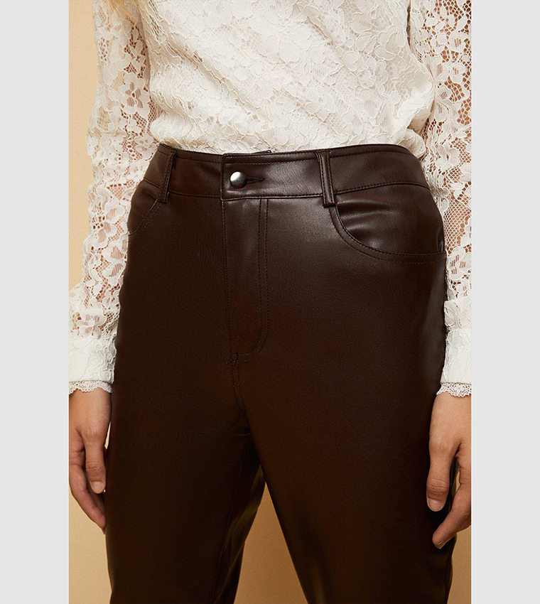 Buy Wallis Button Closure Faux Leather Pants In CHOCOLATE | 6thStreet UAE