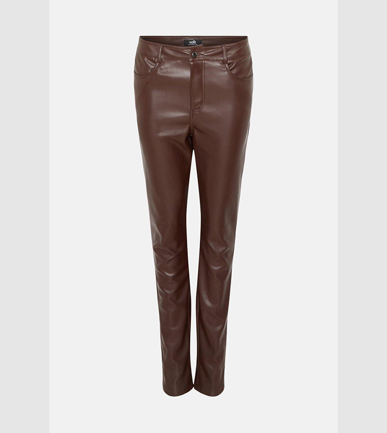 Buy Wallis Button Closure Faux Leather Pants In CHOCOLATE | 6thStreet UAE