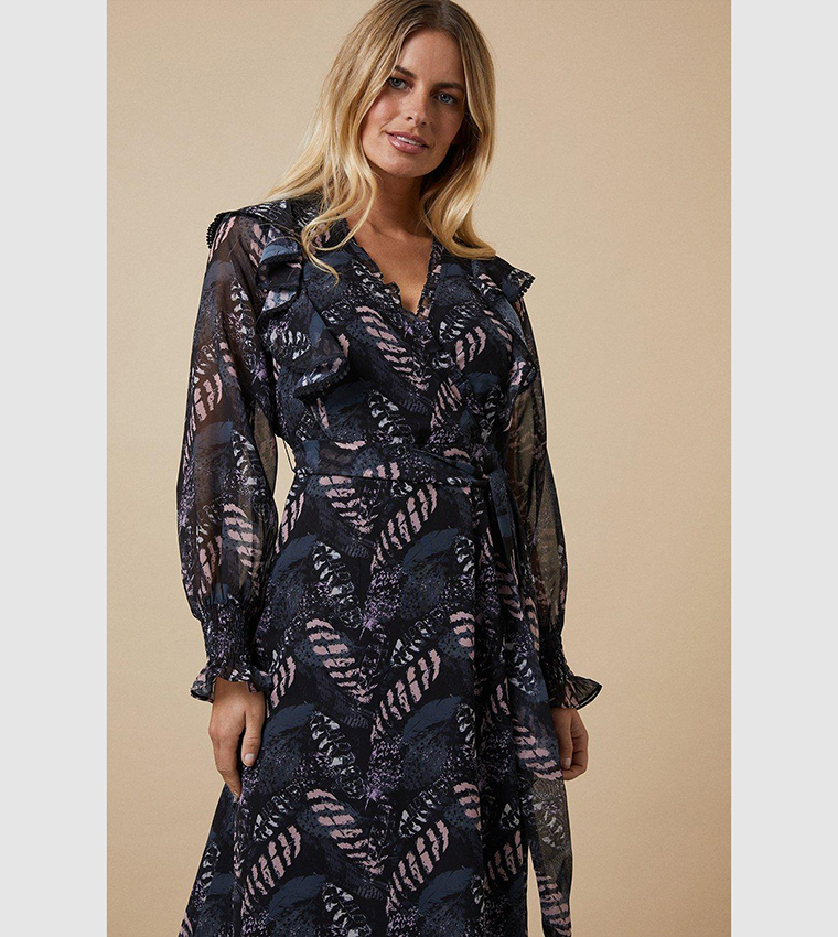 Buy Wallis Black Leaf Wrap Belted Midi Dress In Black | 6thStreet Bahrain