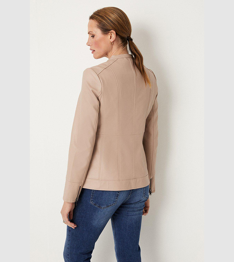 Buy Wallis Mink Collarless Faux Leather Zip Front Jacket In Beige | 6thStreet Qatar
