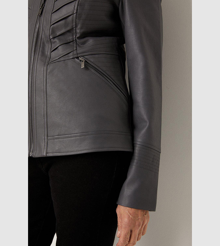 Buy Wallis Dark Grey Faux Leather Pleat Detail Zip Front Jacket In Dark ...