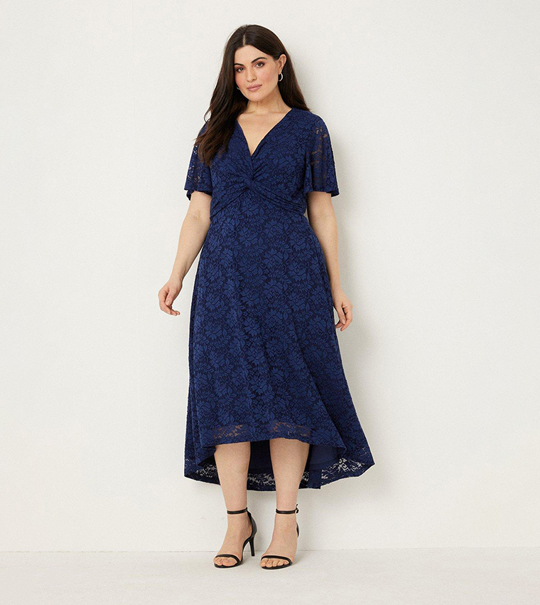 Buy Wallis Curve Lace Angel Sleeves Twist Midi Dress In Navy ...