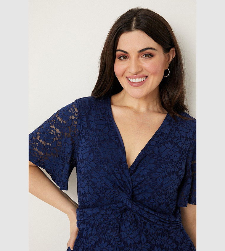 Buy Wallis Curve Lace Angel Sleeves Twist Midi Dress In Navy ...