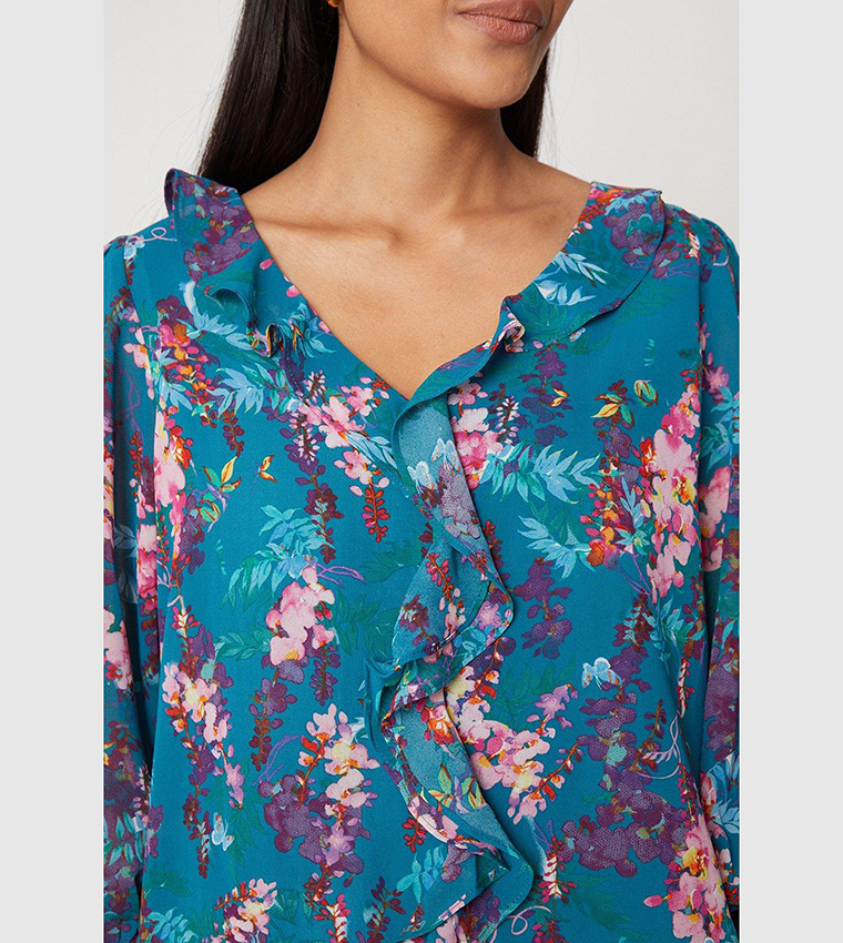 Buy Wallis Teal Floral Ruffle Front Top In Teal | 6thStreet UAE