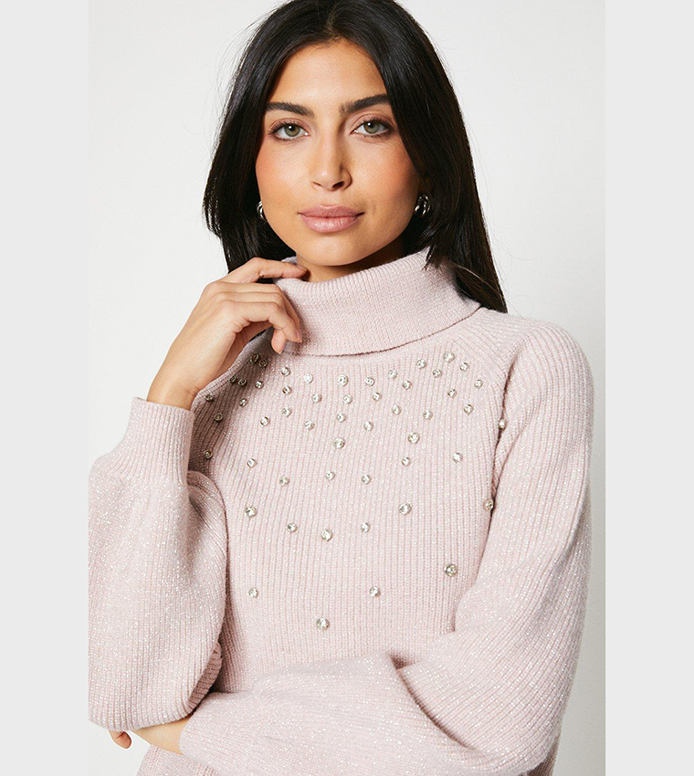 Buy Wallis Premium Hand Embellished Crystal Ribbed Jumper In Blush ...