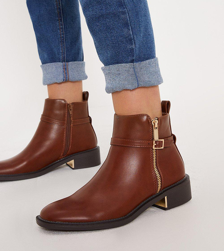 Buy Wallis Amanda Side Zip Buckle Detail Riding Ankle Boots In Brown ...