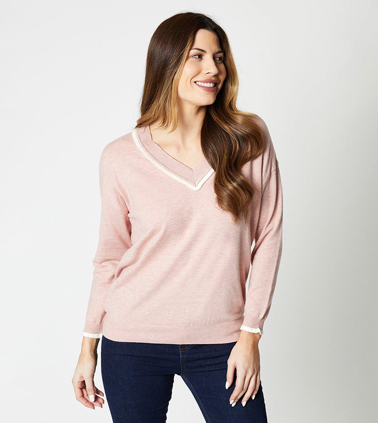 Buy Wallis Tipped V Neck Sweater In Pink | 6thStreet UAE
