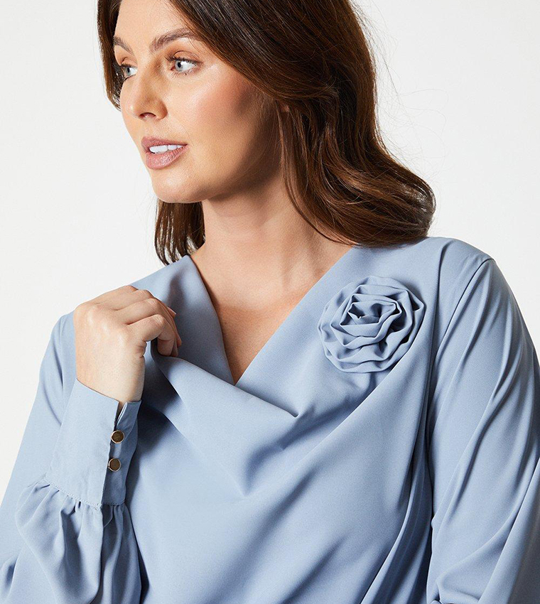 Buy Wallis Double Gette Corsage Detail Cowl Neck Top In Blue ...