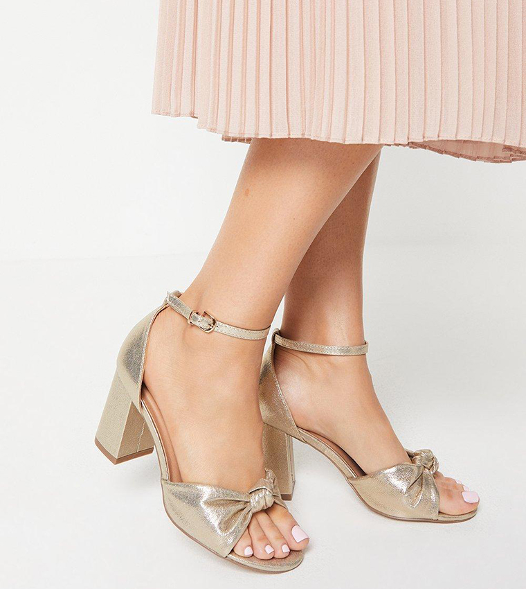 Buy Wallis Wide Fit Carmen Satin Knot Detail Block Heel Sandals In Gold ...