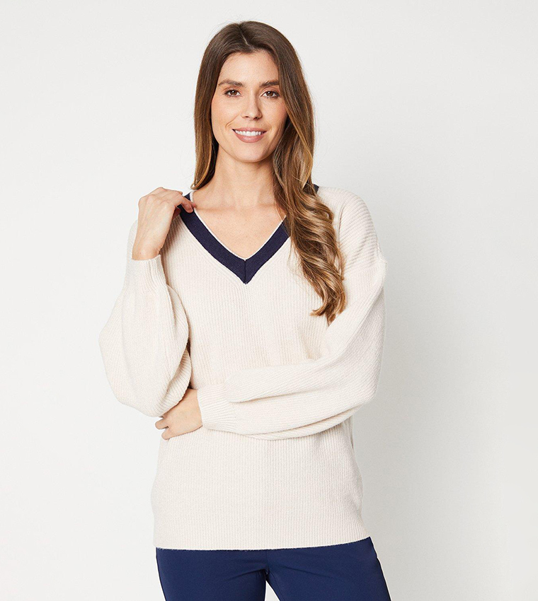 Buy Wallis Tipped Detail V Neck Jumper In White | 6thStreet Qatar Buy Wallis Tipped Detail V Neck Jumper In White | 6thStreet Qatar