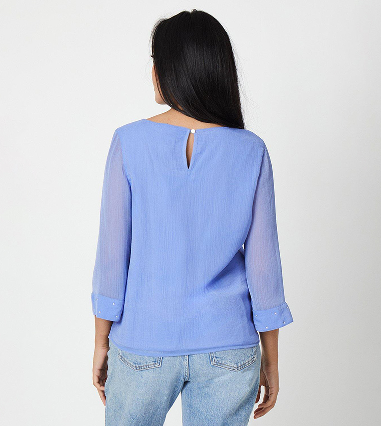 Buy Wallis Petite 3/4 Sleeves Hotfix Cuff Overlay Top In Blue ...