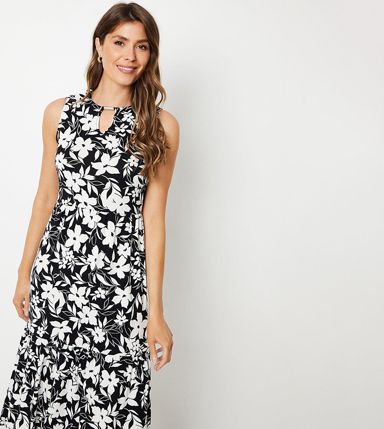 Buy Wallis Mono Floral Print Jersey Tiered Midi Dress In Multiple ...