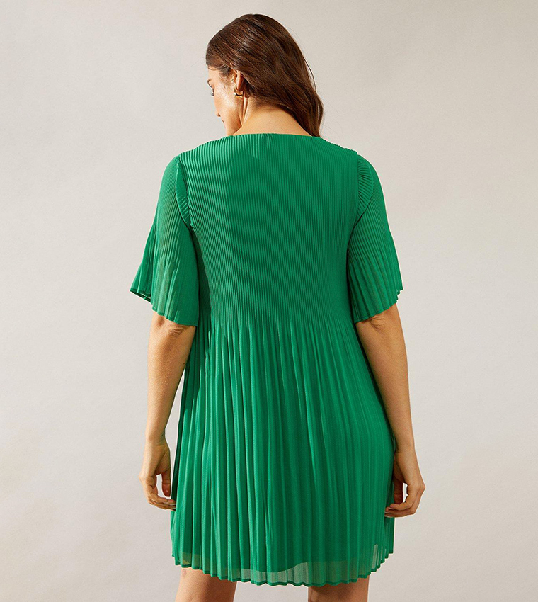 Buy Wallis Graduated Pleat Angel Sleeves Mini Dress In Green ...