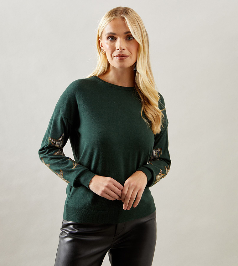 Buy Wallis Petite Hot Fix Star Sweater In Forest | 6thStreet UAE