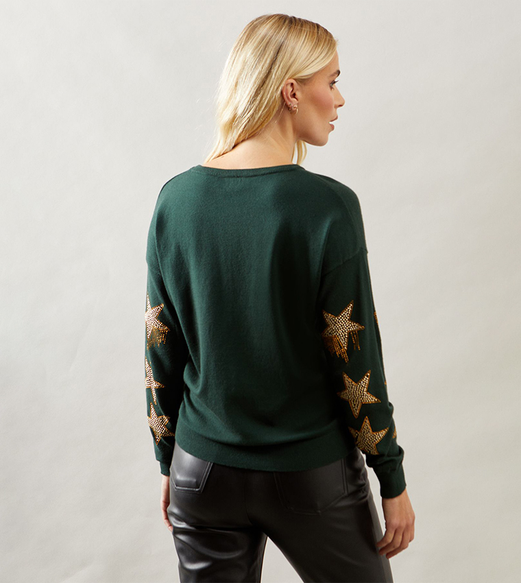 Buy Wallis Petite Hot Fix Star Sweater In Forest | 6thstreet UAE