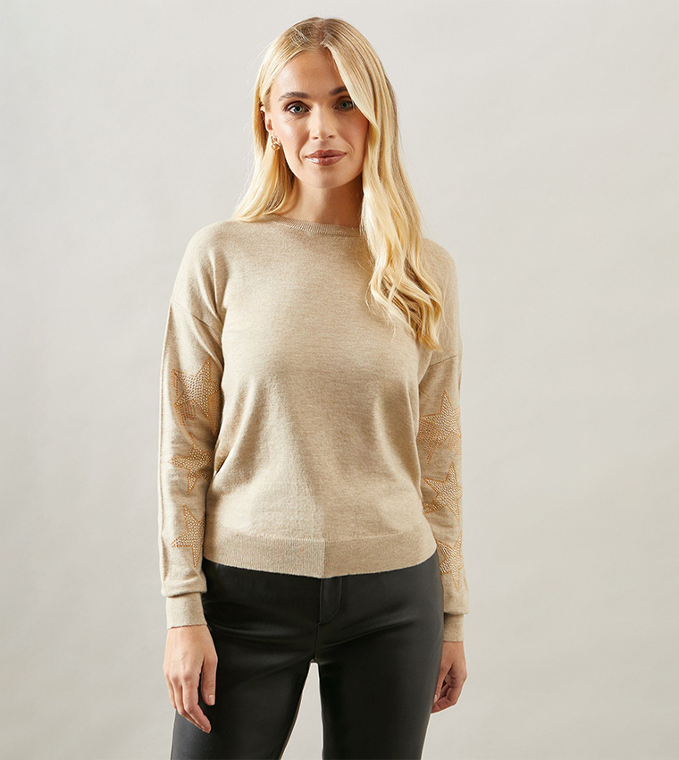 Buy Wallis Petite Hot Fix Star Sweater In Sand | 6thStreet Kuwait
