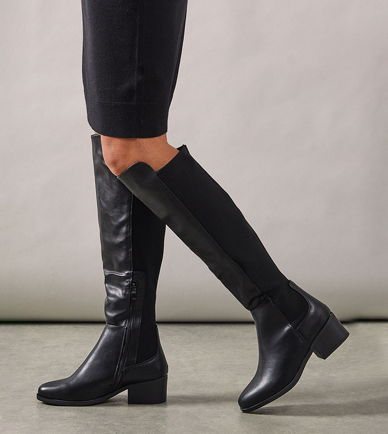 Buy Wallis Wide Fit Hannah Elastic Back Knee High Boots In Black ...