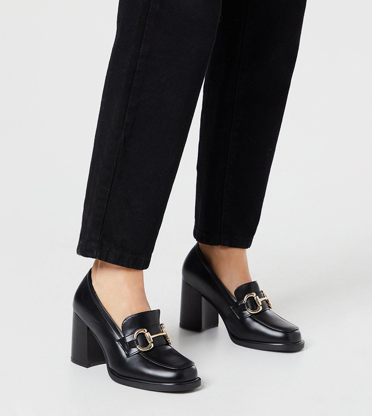 Buy Wallis Daffie Snaffle Detail High Block Heel Loafers In Black ...