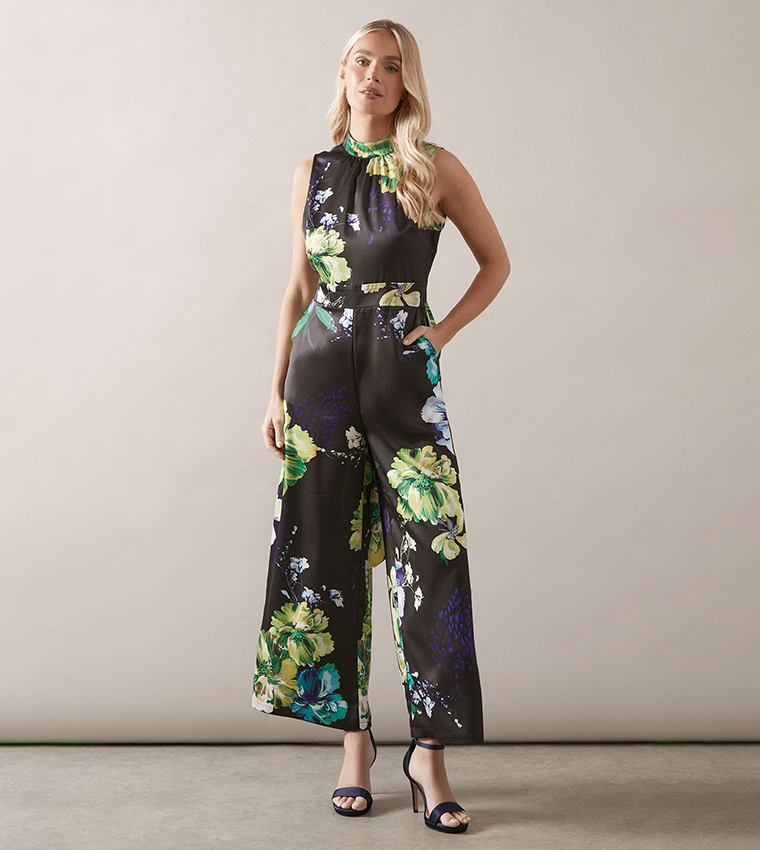 Buy Wallis Petite Floral Printed Satin Belted Jumpsuit In Black ...