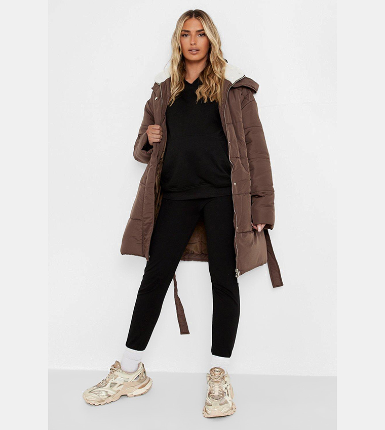 Buy Boohoo Maternity Padded Borg Detail Parka Coat In Brown | 6thStreet UAE