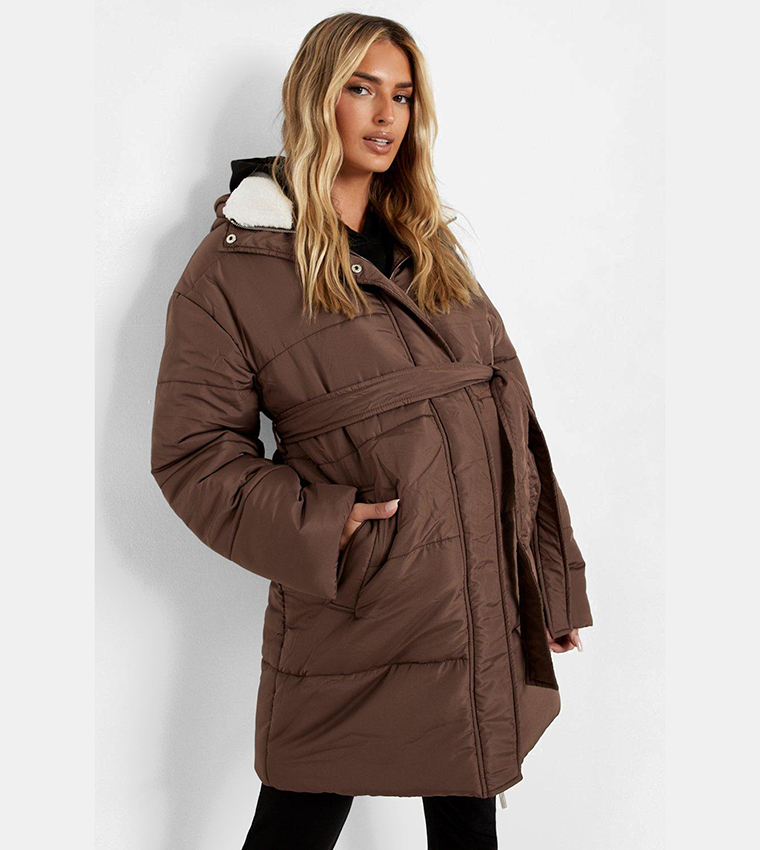 Buy Boohoo Maternity Padded Borg Detail Parka Coat In Brown | 6thStreet UAE